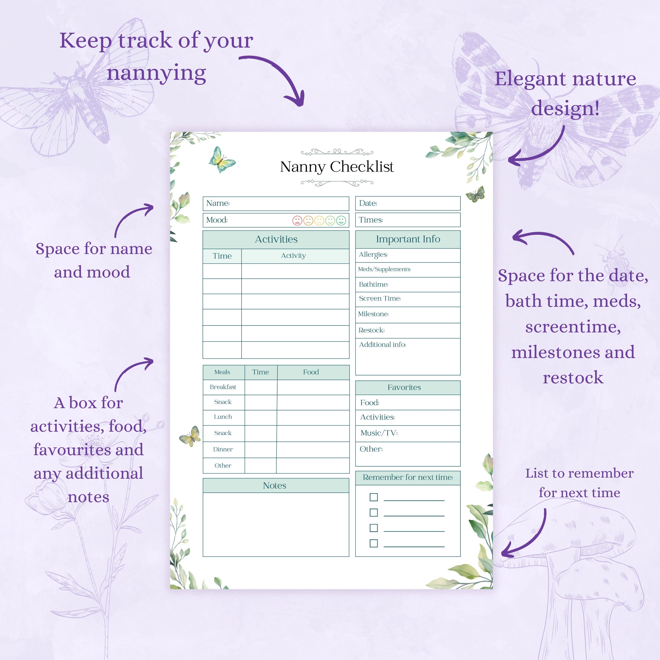 Nanny Checklist Printable PDF | Caregiver Checklist | Nanny Schedule ...