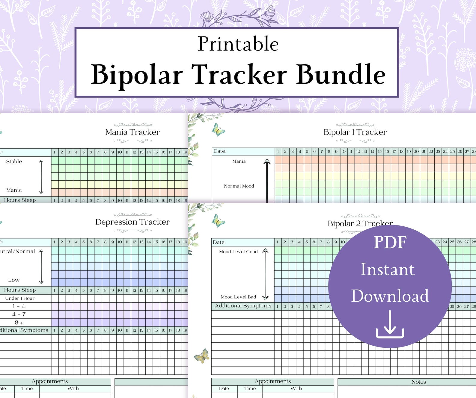 Bipolar Log Bundle Printable PDF | Bipolar Tracker | Mania Tracker ...