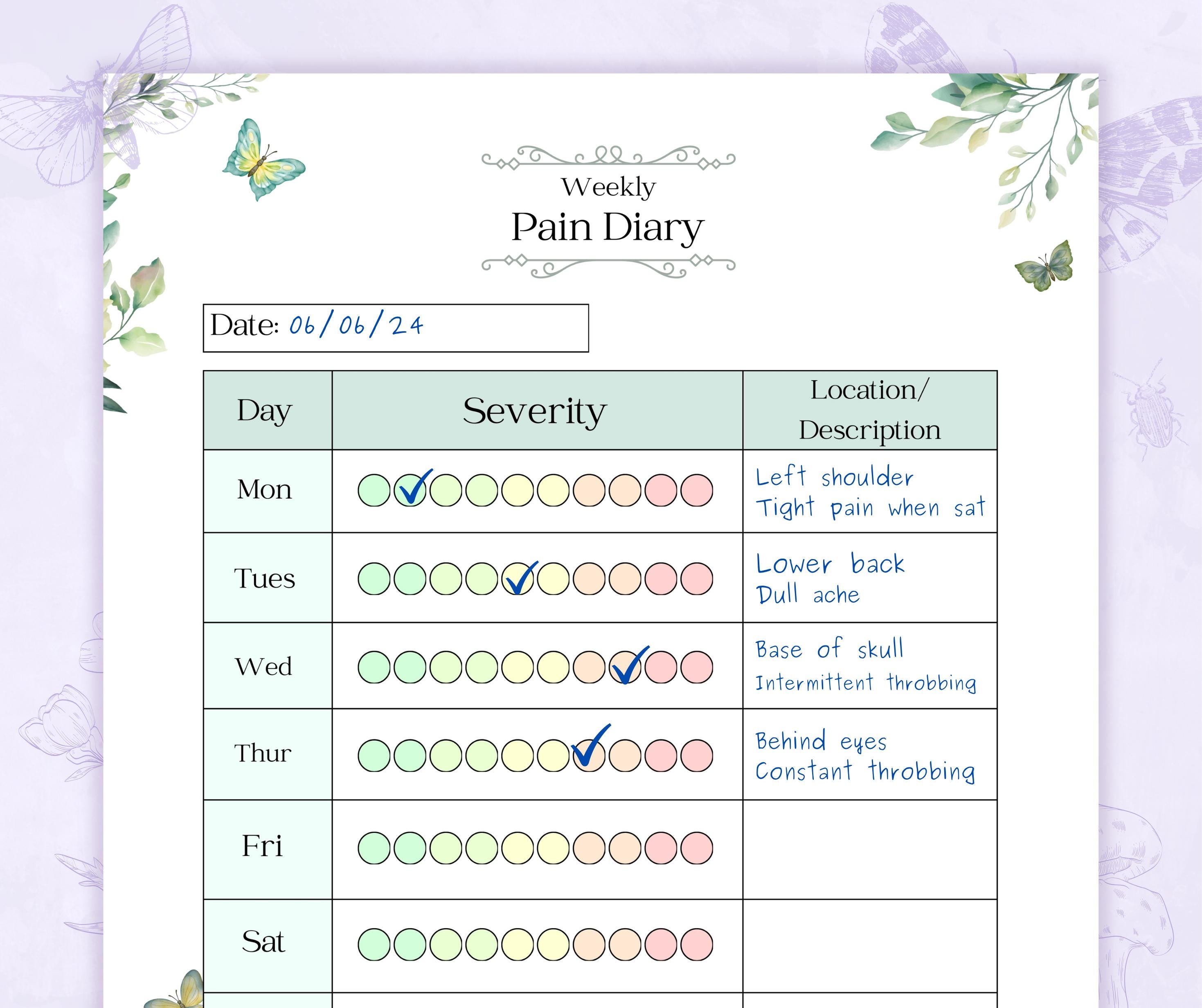 Pain and Symptom Log Bundle Printable PDF | Weekly Chronic Pain Chart ...