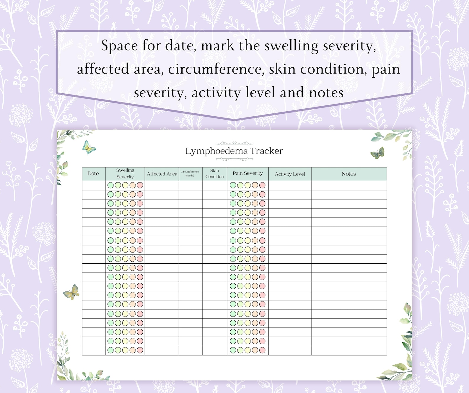 Lymphedema Tracker Printable PDF | Symptom Record Chart | Swelling ...