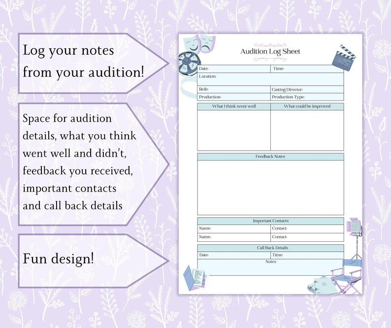 Audition Log Sheet Printable PDF | Audition Feedback Form Sheet | Actor ...