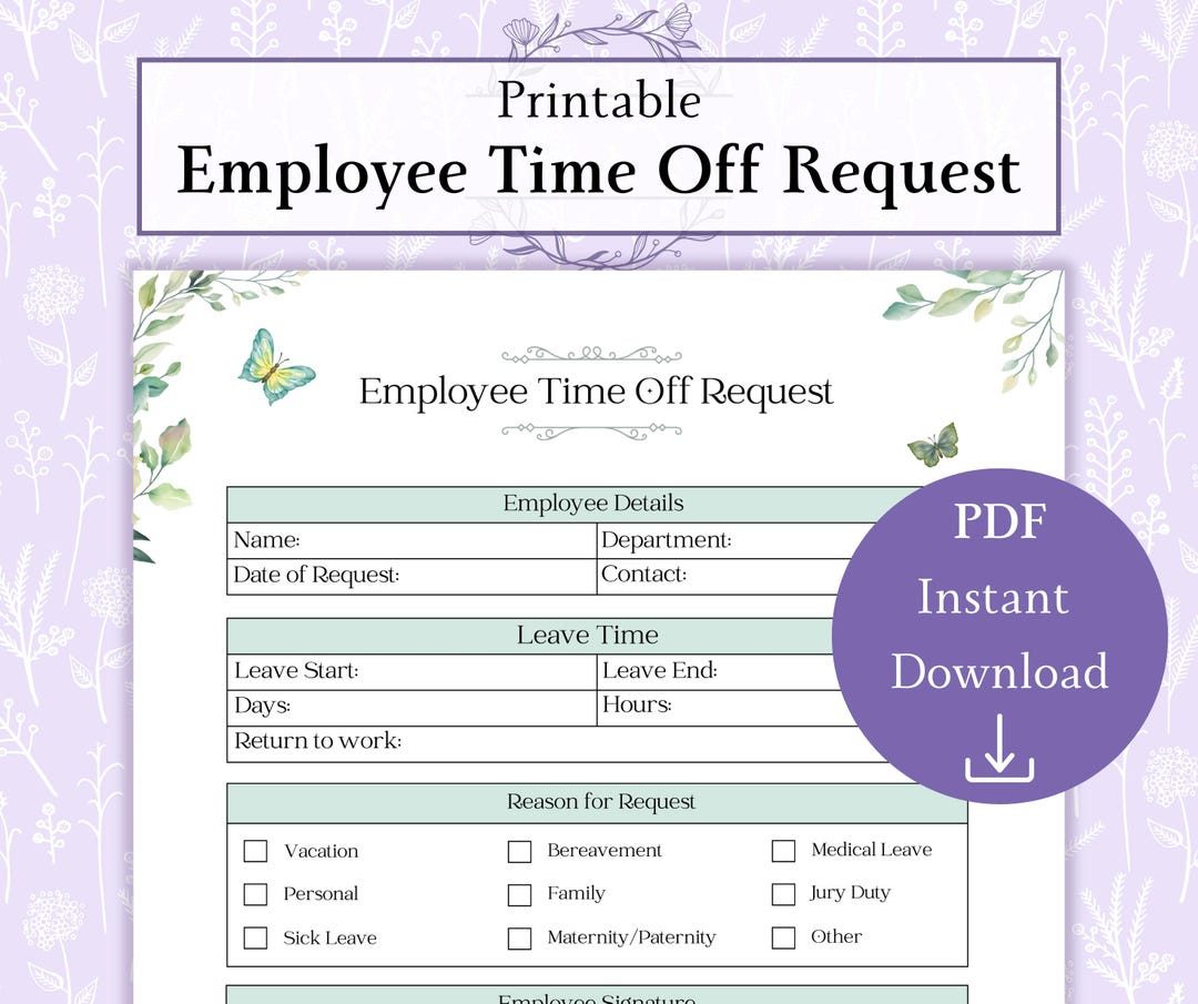 Employee Time off Request Printable PDF | Time off Tracker | Employee ...