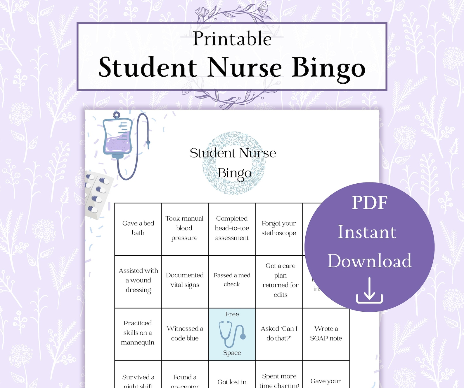 Student Nurse Bingo Sheet Printable PDF | Nursing Bingo | Healthcare ...