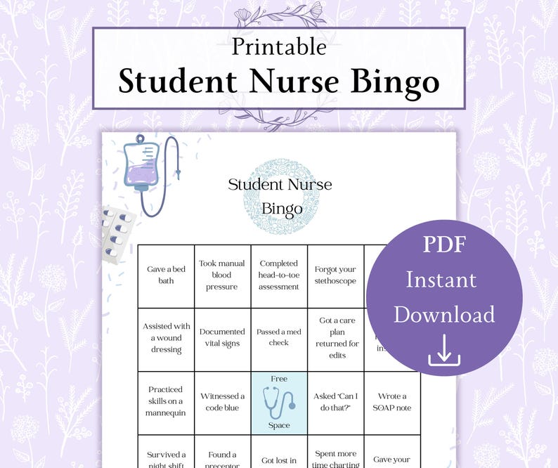 Student Nurse Bingo Sheet Printable PDF | Nursing Bingo | Healthcare ...