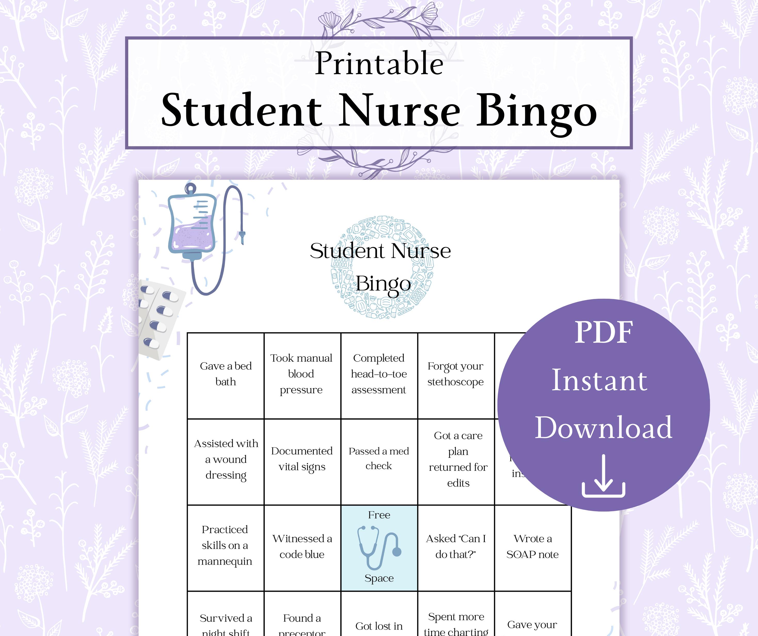 Student Nurse Bingo Sheet Printable PDF | Nursing Bingo | Healthcare ...