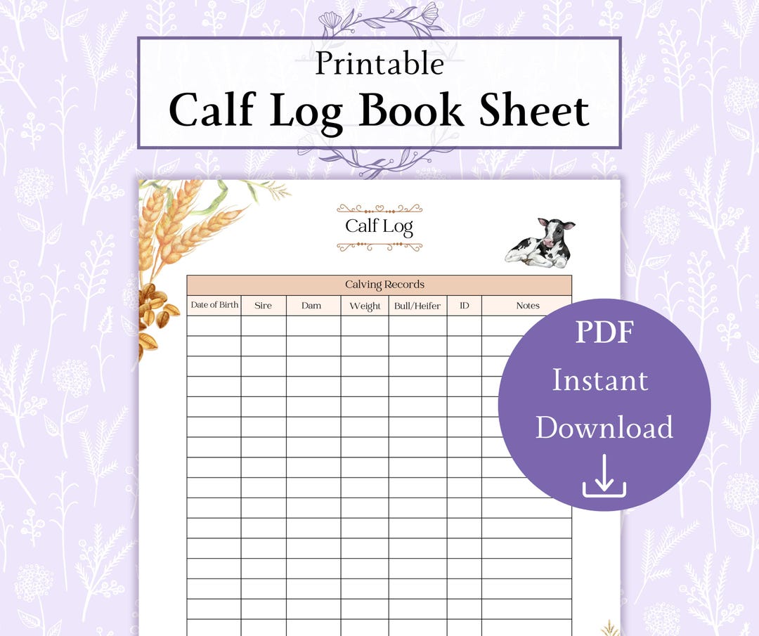 Calf Log Book Sheet Printable PDF | Calving Book Sheet | Cow Breeding Record | Calving Log ...