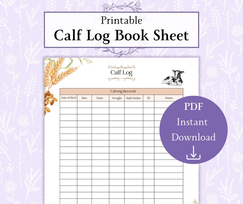 Calf Log Book Sheet Printable PDF | Calving Book Sheet | Cow Breeding ...