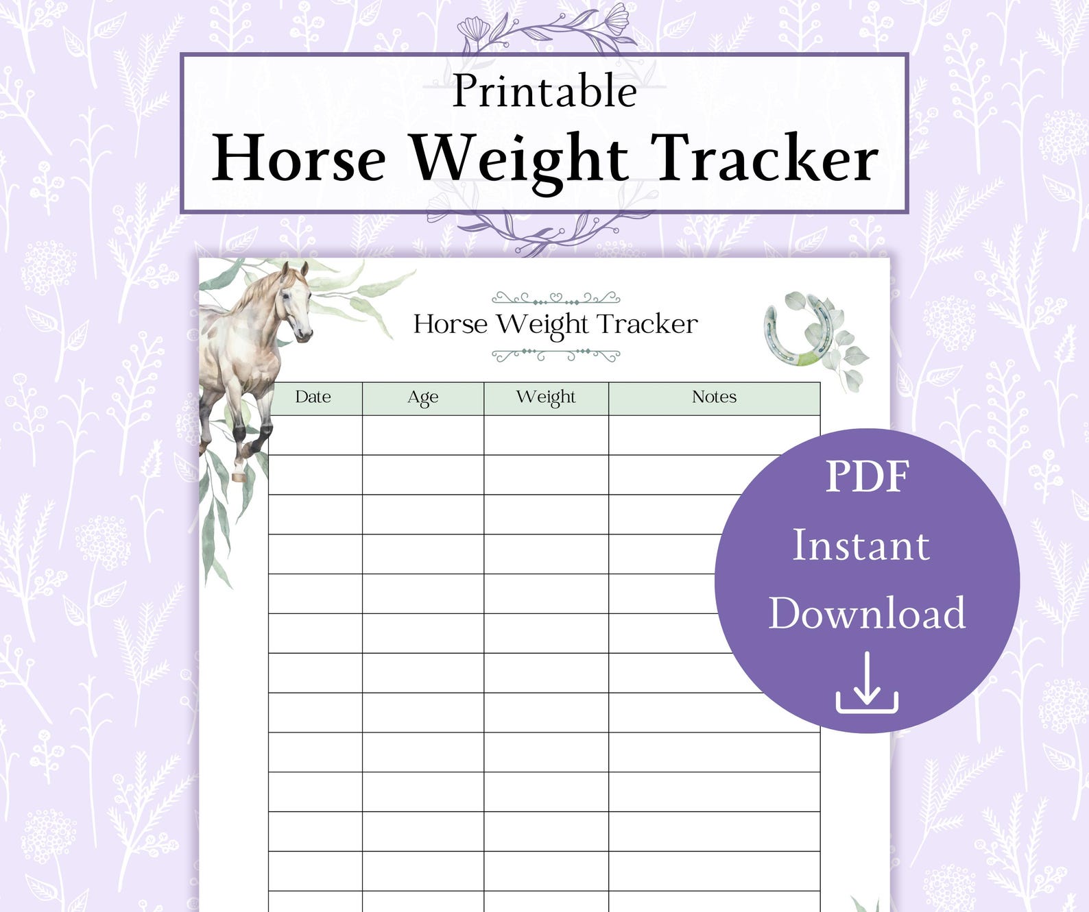 Horse Weight Tracker Printable PDF | Equine Weight Log | Horse Vet ...