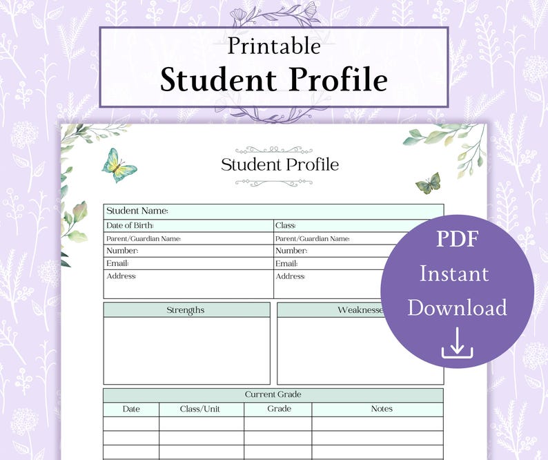 Student Profile Printable PDF | Student Info Sheet | Student Contact ...