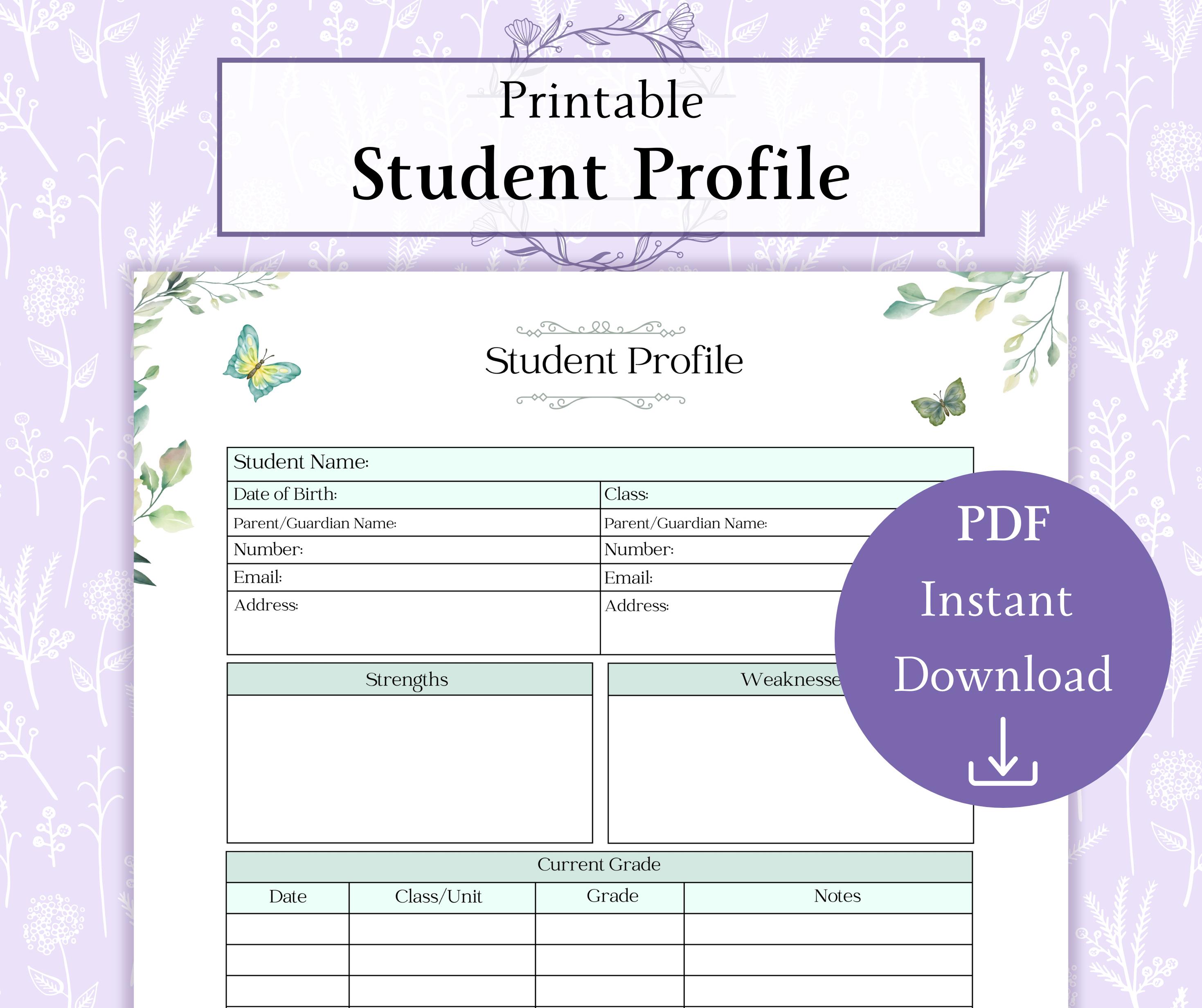 Student Profile Printable PDF | Student Info Sheet | Student Contact ...