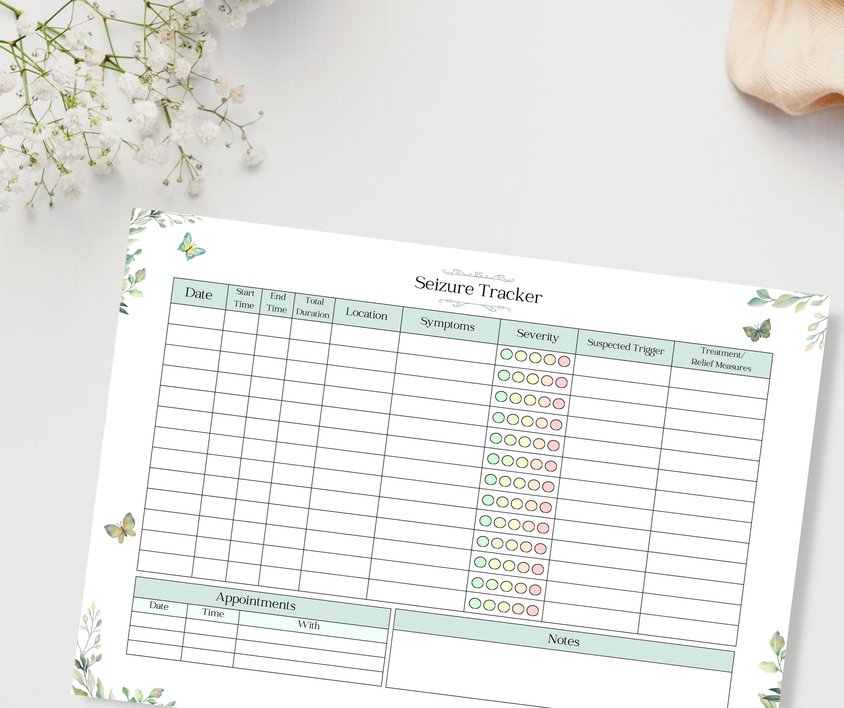 Seizure Tracker Printable PDF | Epilepsy Log | Seizure Log | Medical ...