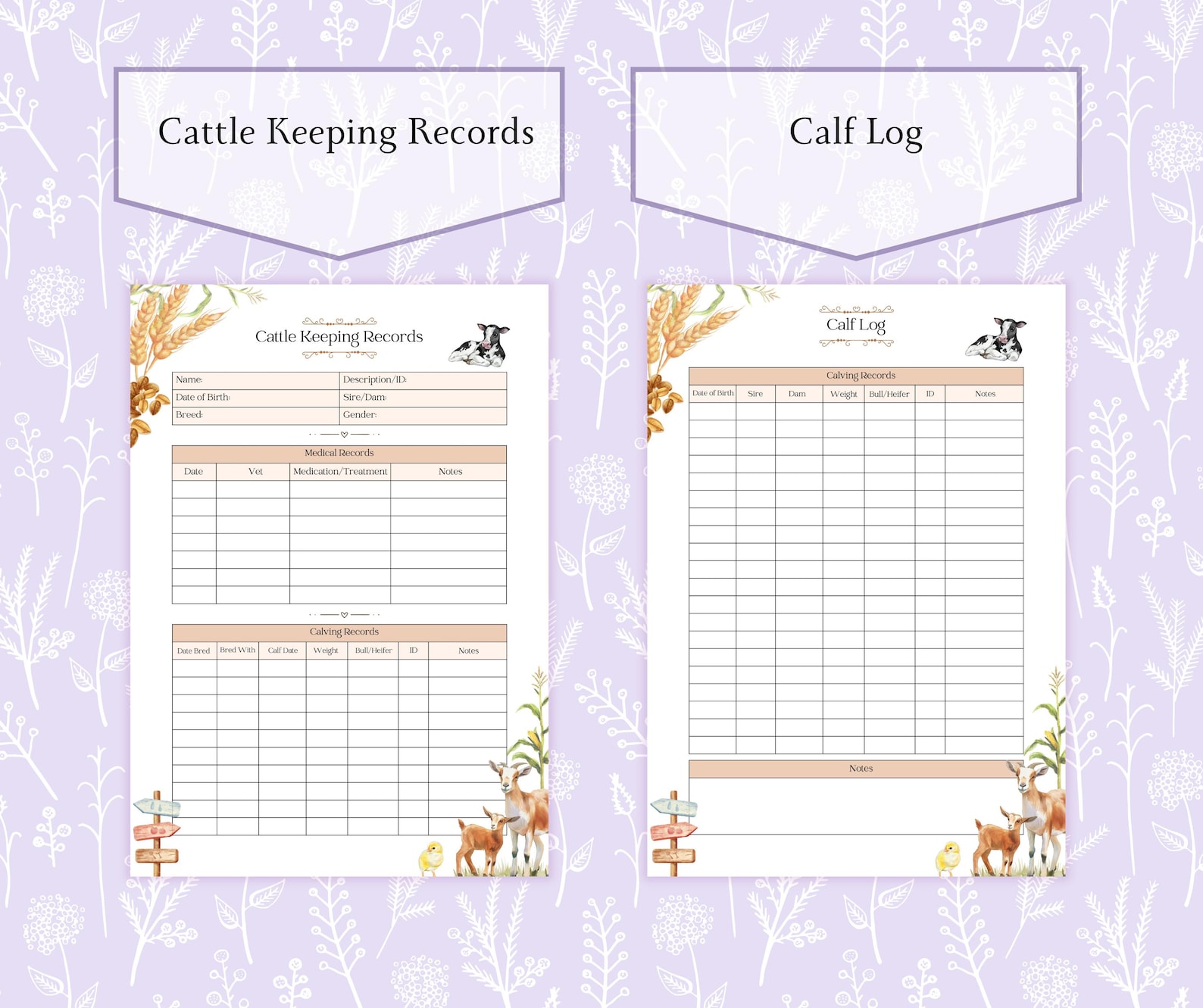 Calf and Cattle Records Bundle Printable PDF | Cattle Keeping Records | Calf Log Book Sheet ...