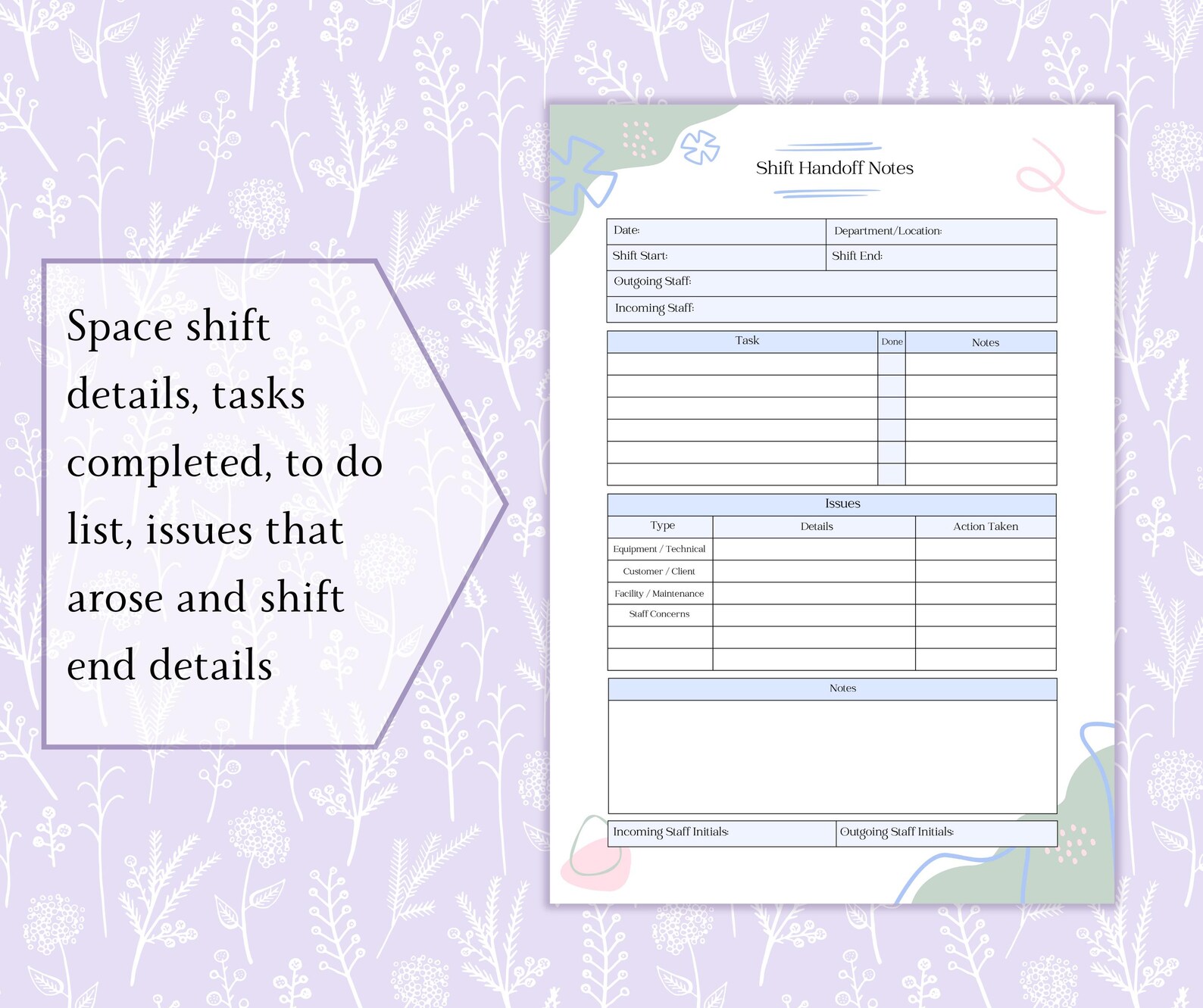 Shift Handoff Notes Printable PDF | Shift Change Log | Employee Shift ...