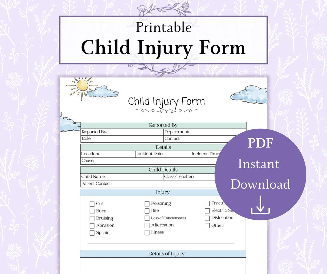 Child Injury Form Printable PDF | Daycare Ouch Report | Booboo Report ...