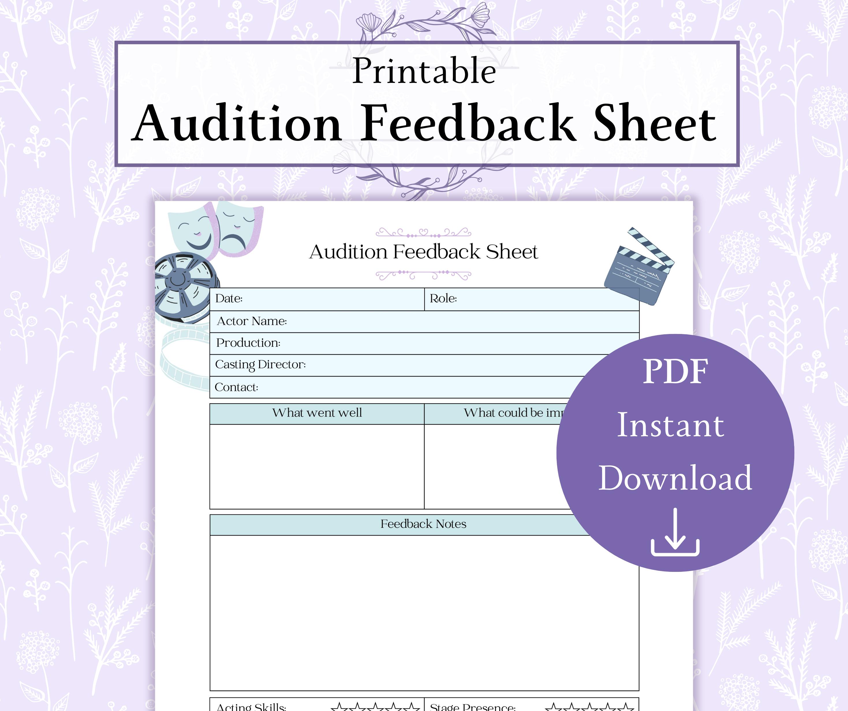 Audition Feedback Sheet Printable PDF | Feedback Tracker Log | Actor ...