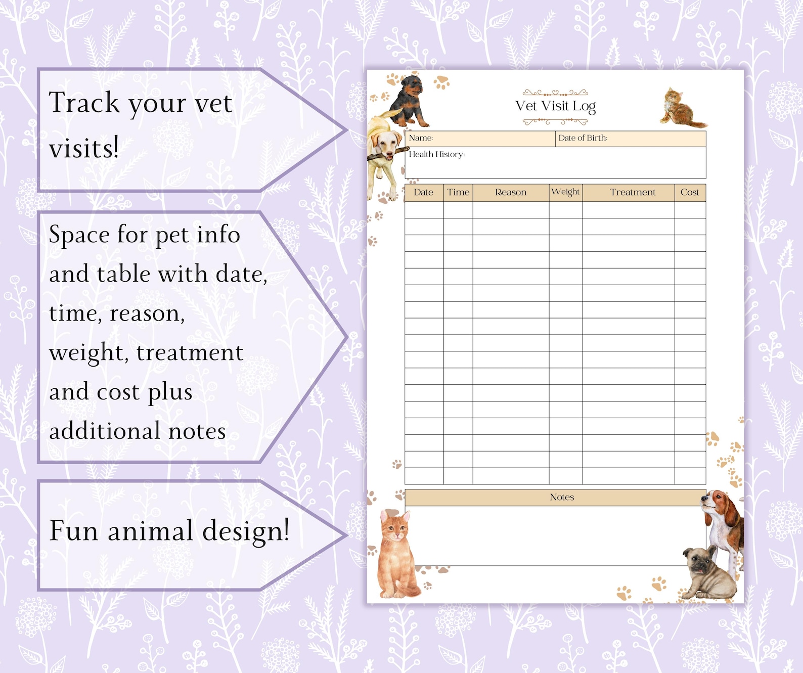 Vet Visit Log Printable PDF | Pet Care Log | Pet Health Tracker | Vet ...