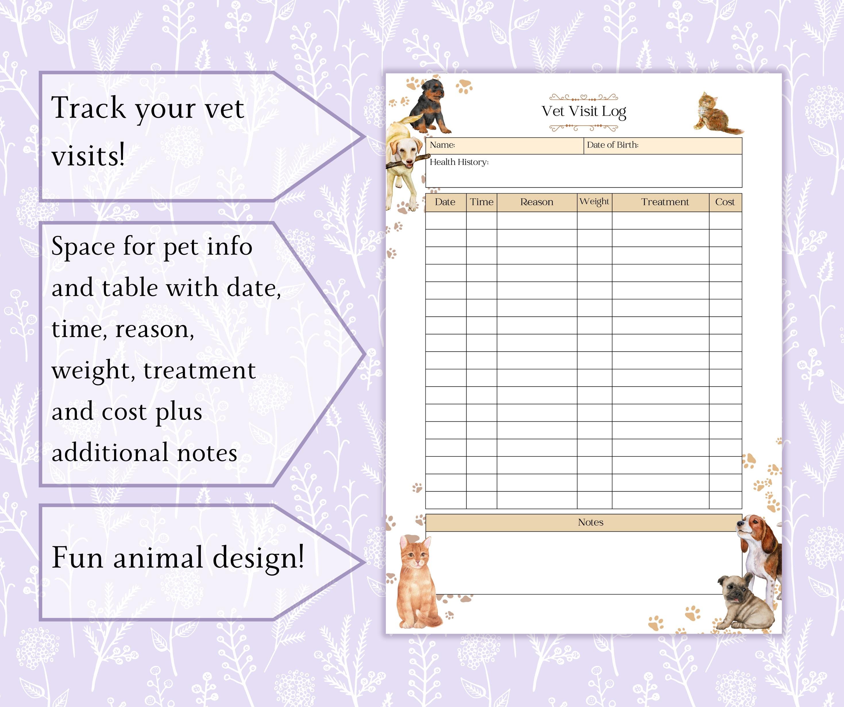 Vet Visit Log Printable PDF | Pet Care Log | Pet Health Tracker | Vet ...