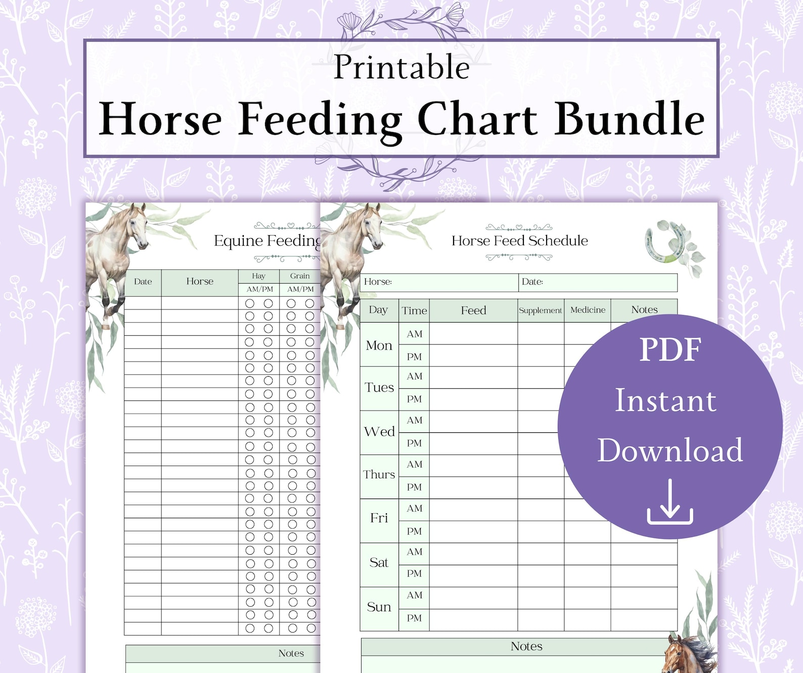 Horse Feeding Chart Bundle Printable PDF | Equine Feeding Chart | Horse ...