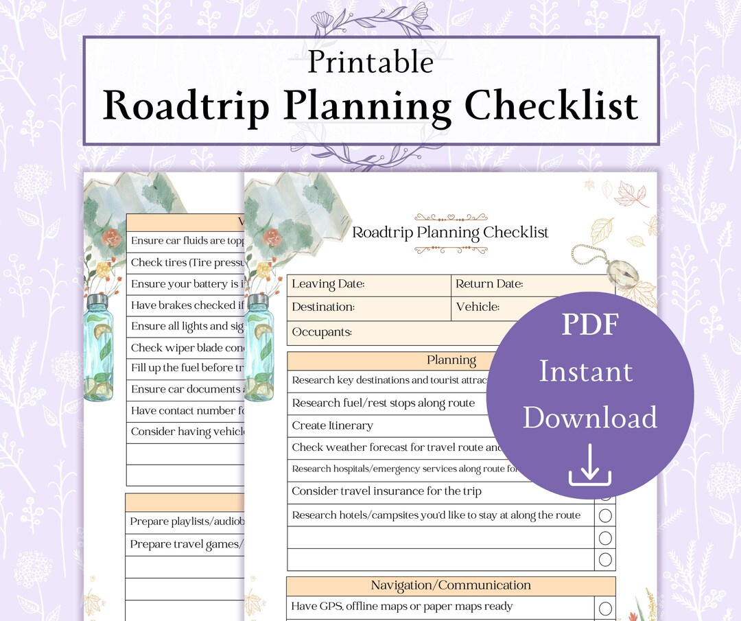 Roadtrip Planning Checklist Printable PDF | Travel Itinerary Roadtrip ...
