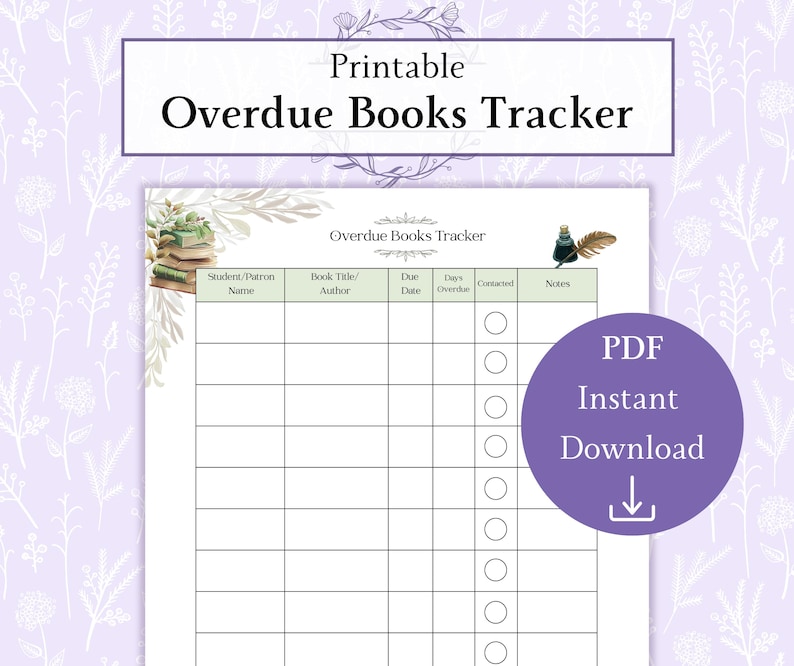Overdue Books Tracker Printable PDF | Library Overdue Log | Book Return ...