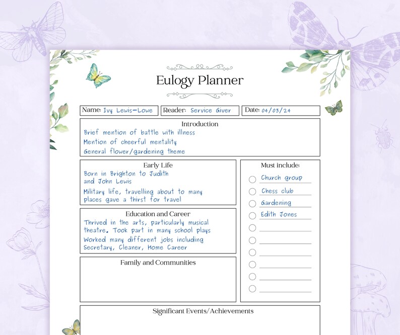 Eulogy Planner Printable PDF | Simply Eulogy Planner | Eulogy Organizer ...