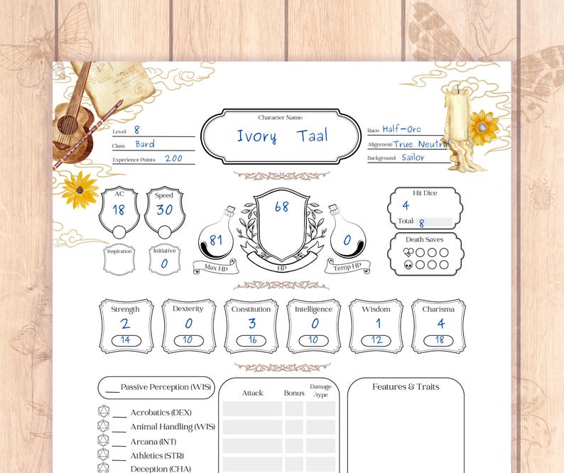 Bard Character Sheet Printable PDF Bard Themed Dnd Accessories Dnd ...