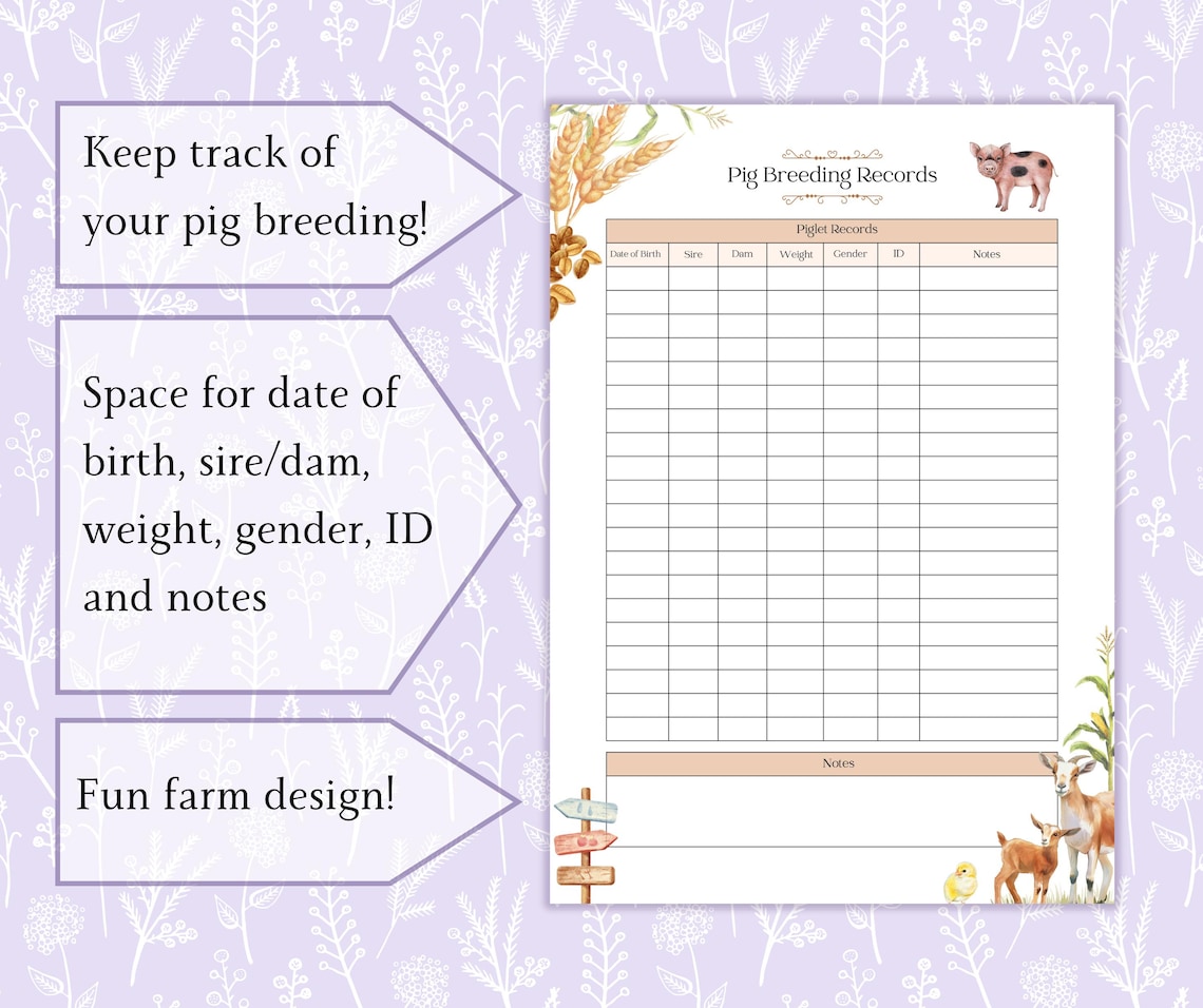 Pig Breeding Records Printable PDF | Pig Record Keeping | Pig Chart ...