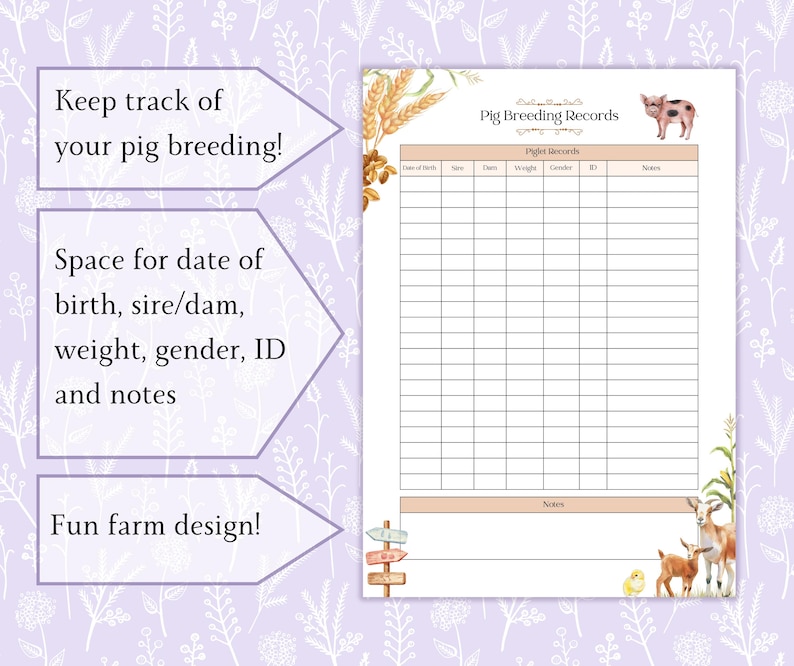 Pig Breeding Records Printable PDF | Pig Record Keeping | Pig Chart ...