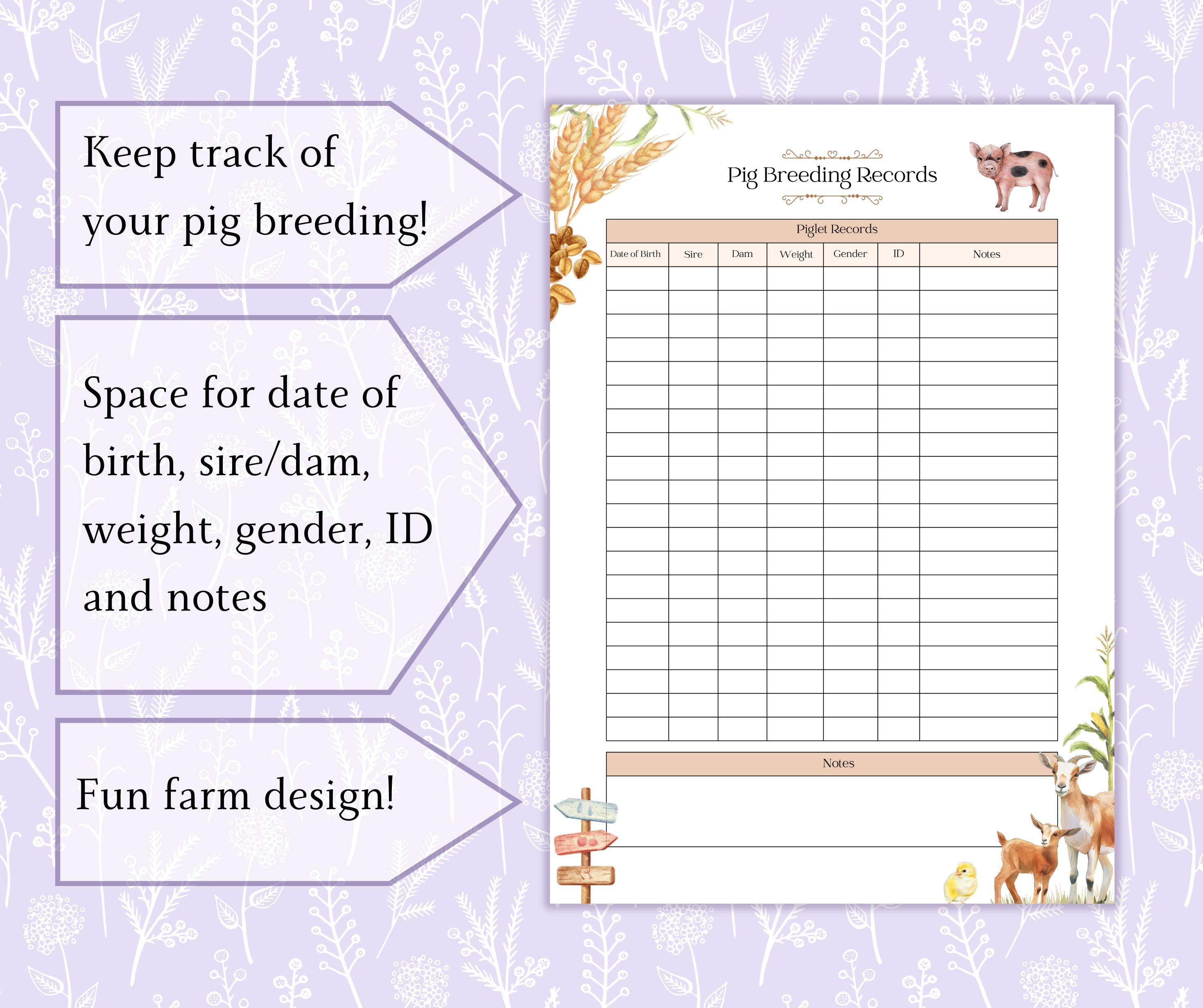 Pig Breeding Records Printable PDF | Pig Record Keeping | Pig Chart ...