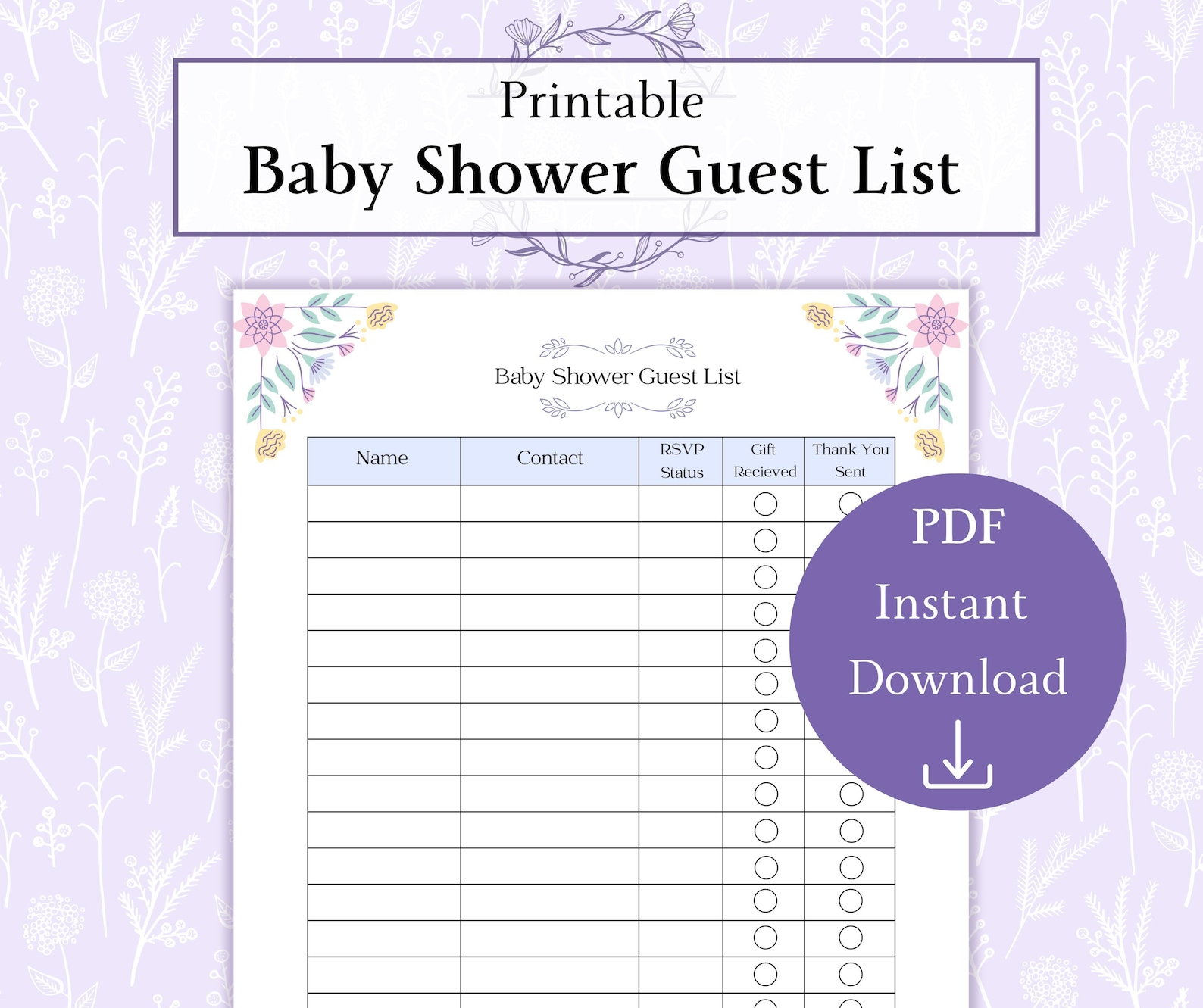 Baby Shower Guest List Tracker Printable PDF | Babyshower Guest Tracker ...