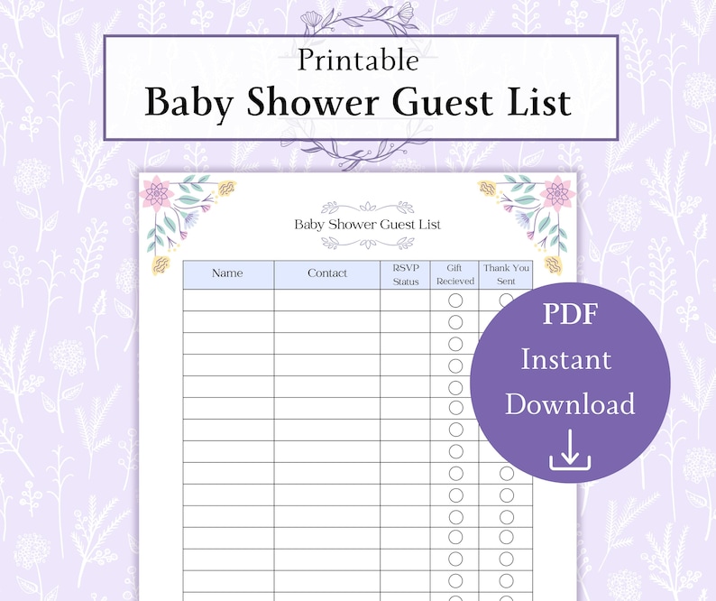 Baby Shower Guest List Tracker Printable PDF | Babyshower Guest Tracker ...