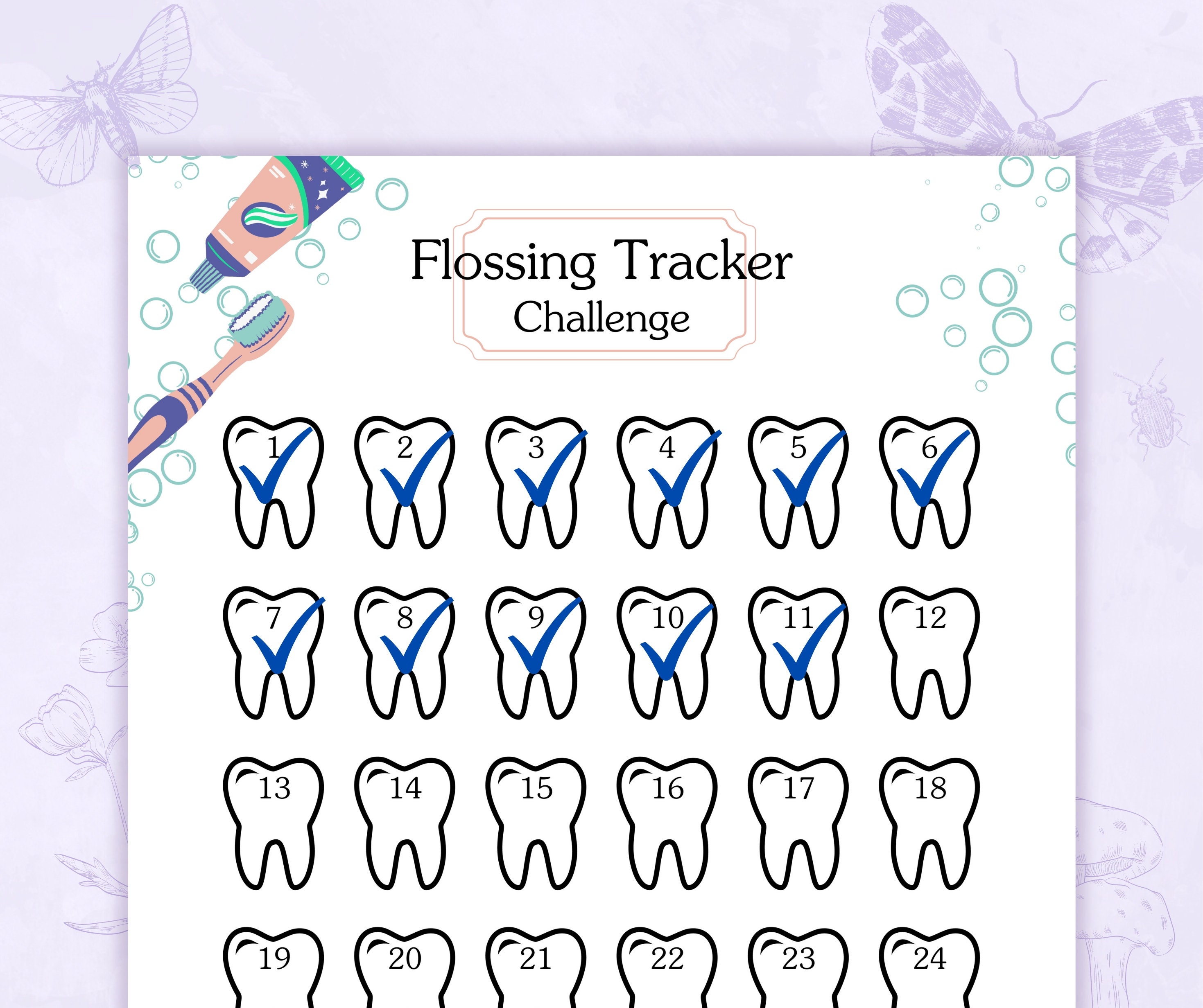 Flossing Tracker Challenge Printable PDF | Dental Floss Log | Dental ...