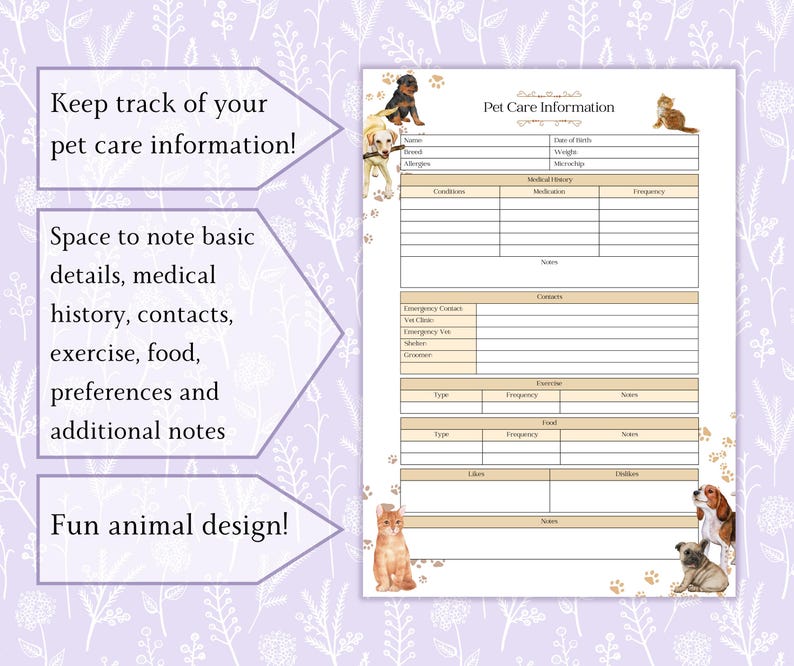 Pet Care Information Printable PDF | Pet Caregiver Log | Dog Info Sheet ...