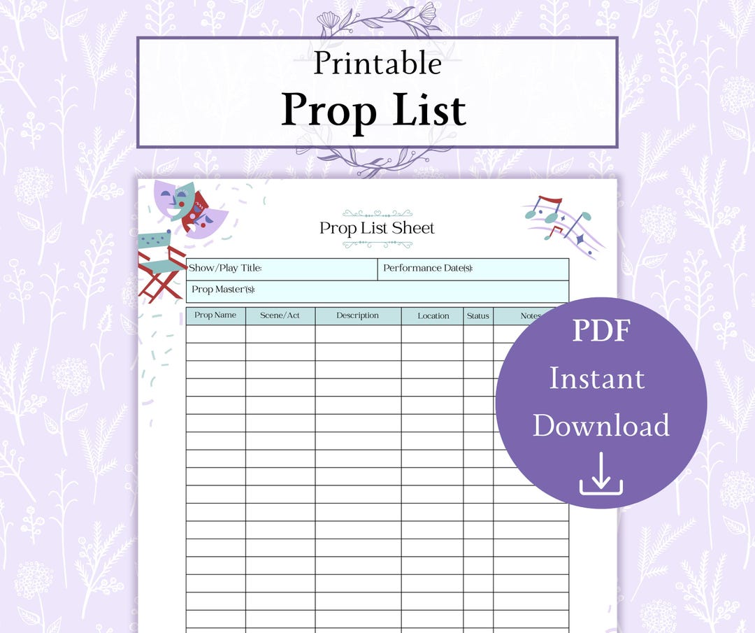 Prop List Printable PDF | Production Checklist | Props Inventory ...