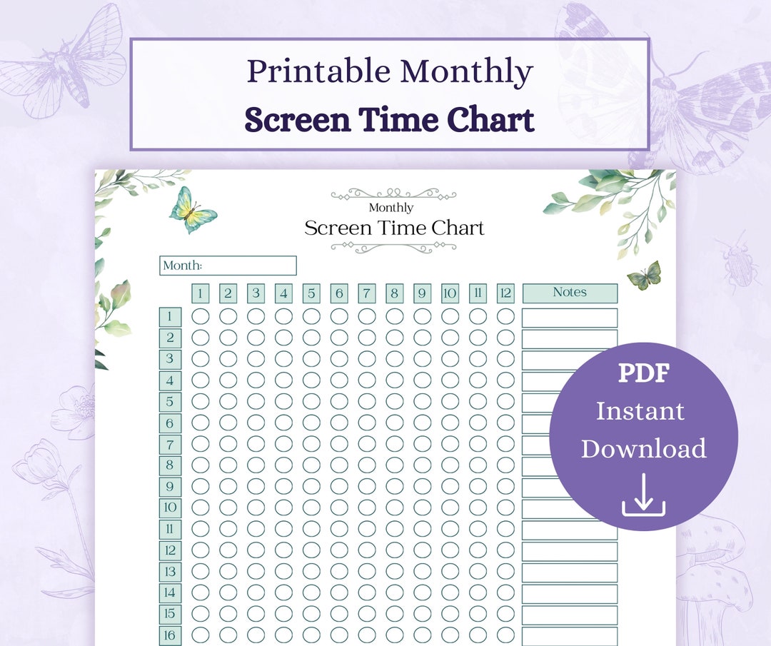 Screentime Chart Printable PDF | Monthly Screen Time Tracker | Screen ...