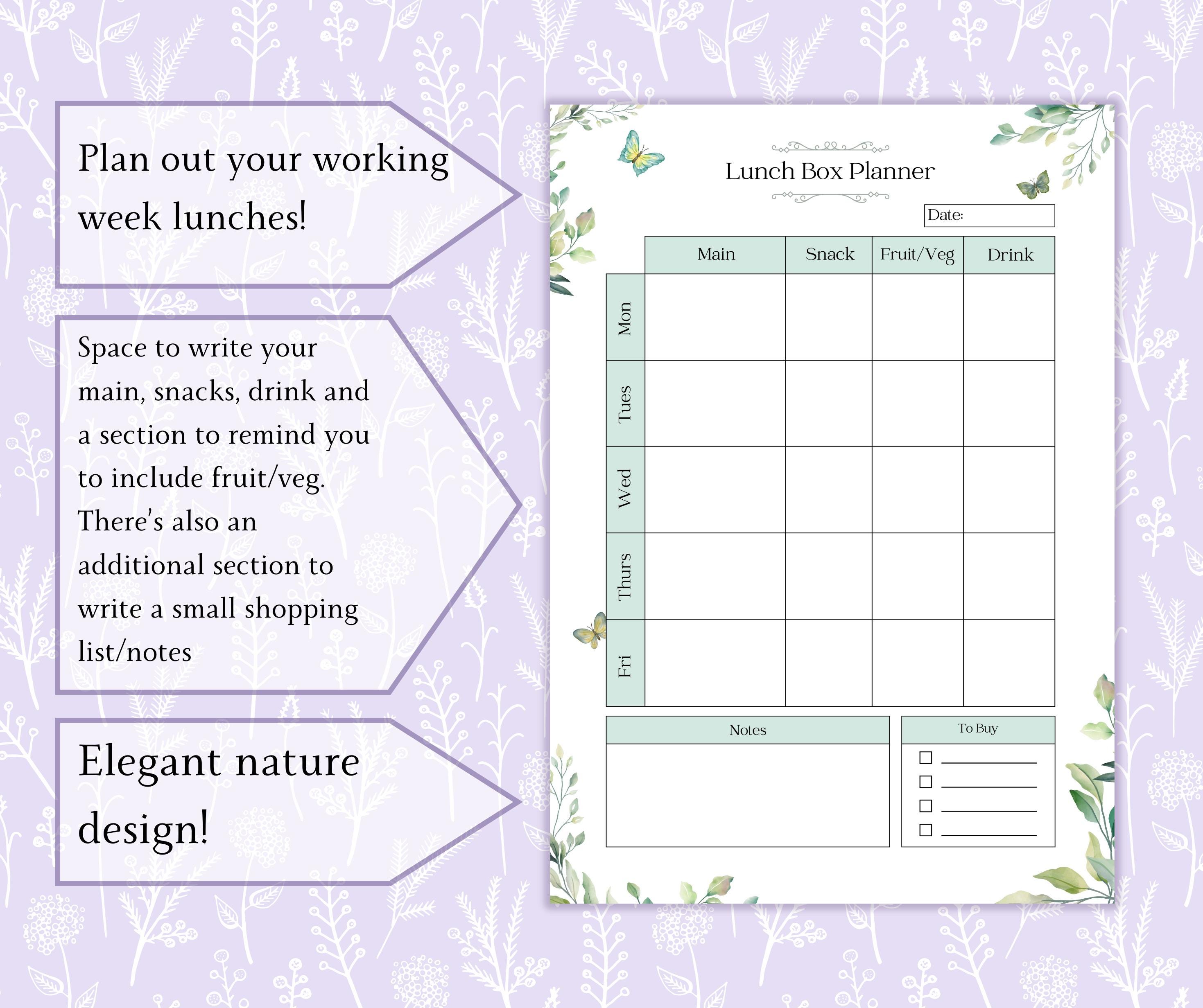 Lunch Box Planner Printable PDF | Meal Prep | Lunch Schedule | Lunch ...