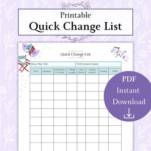 Stage Quick Change List Sheet Printable PDF | Theater Costume Change ...