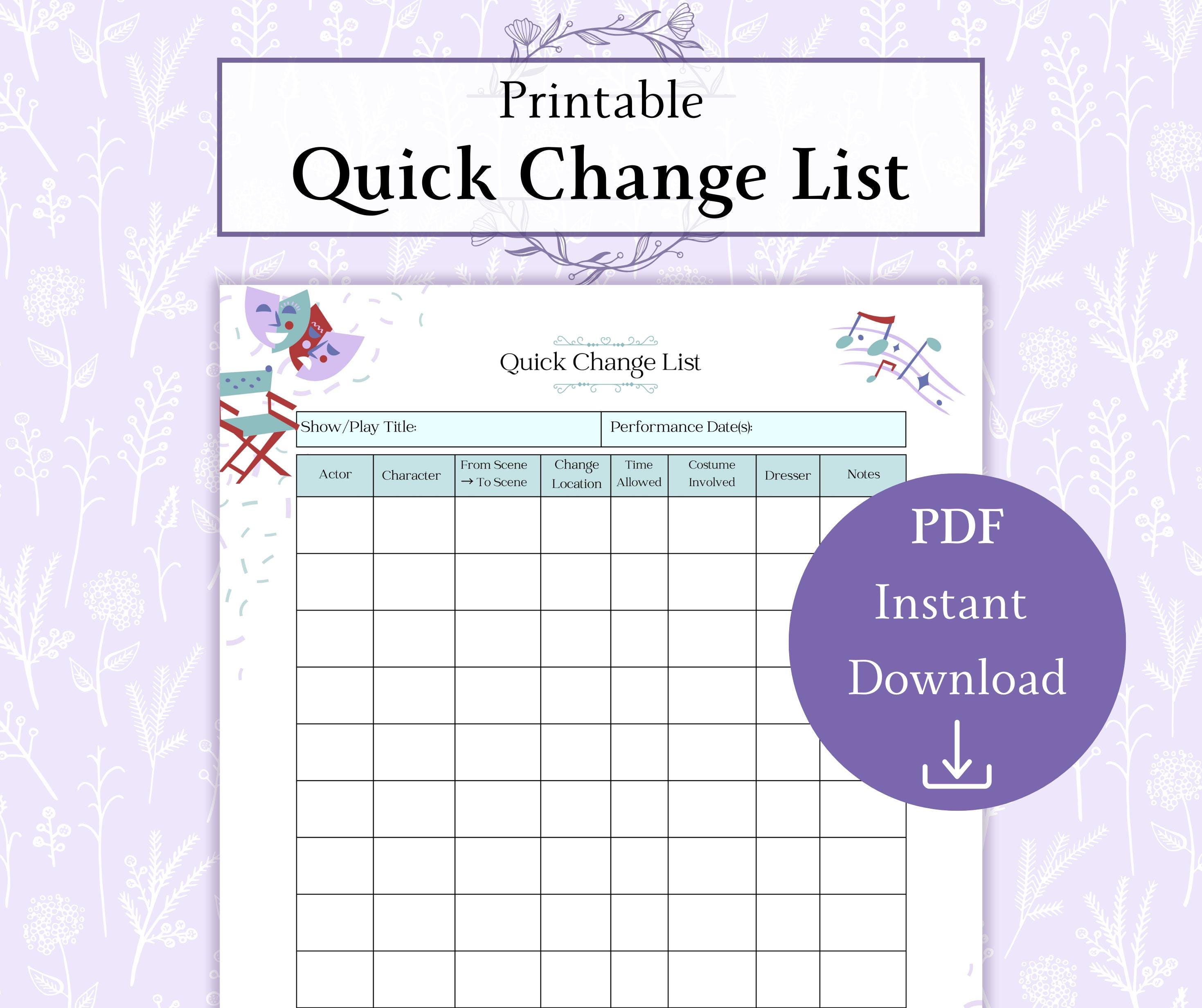 Stage Quick Change List Sheet Printable PDF | Theater Costume Change ...