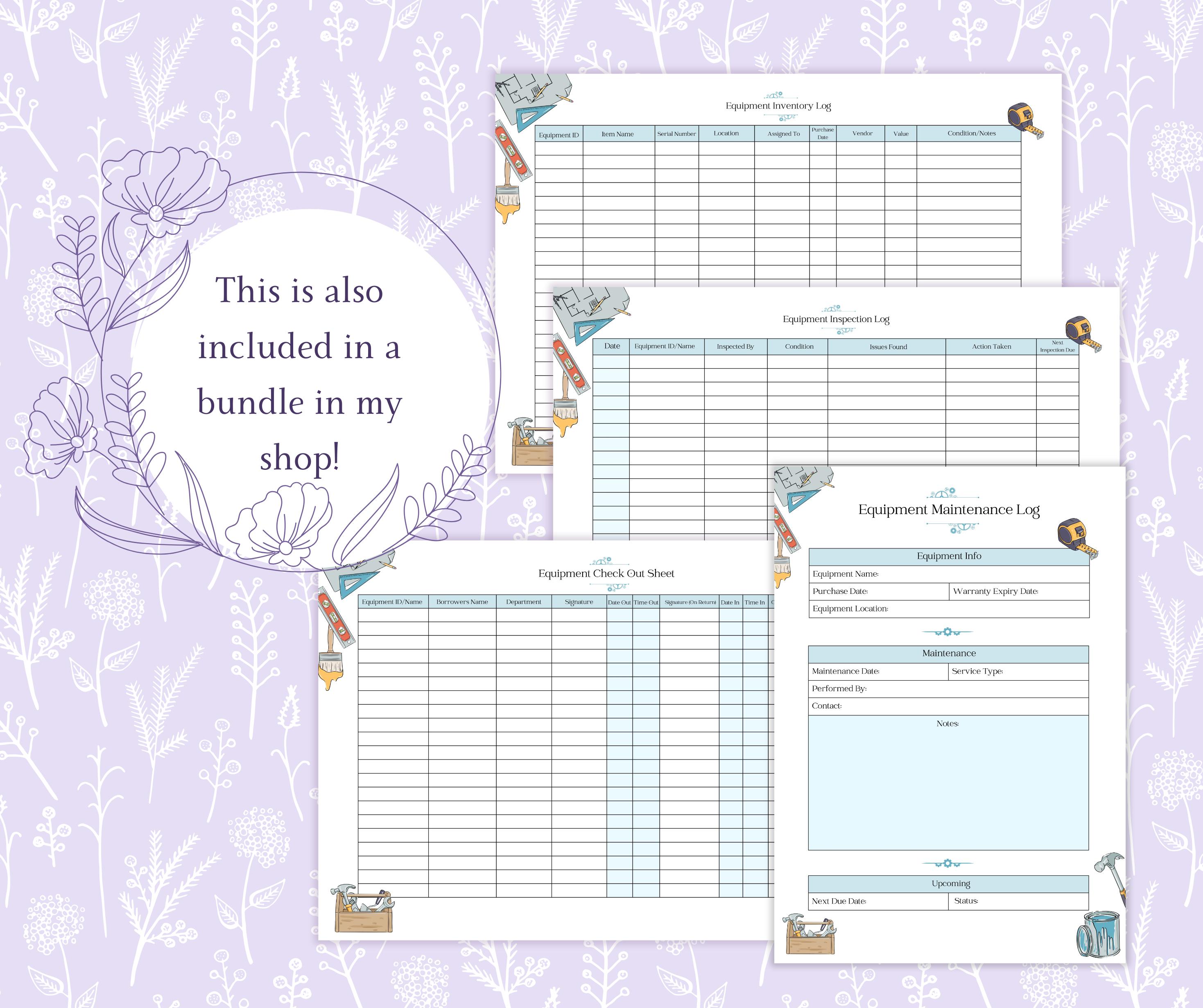 Equipment Checkout Sheet Printable PDF | Tool Borrowing Log | Equipment ...