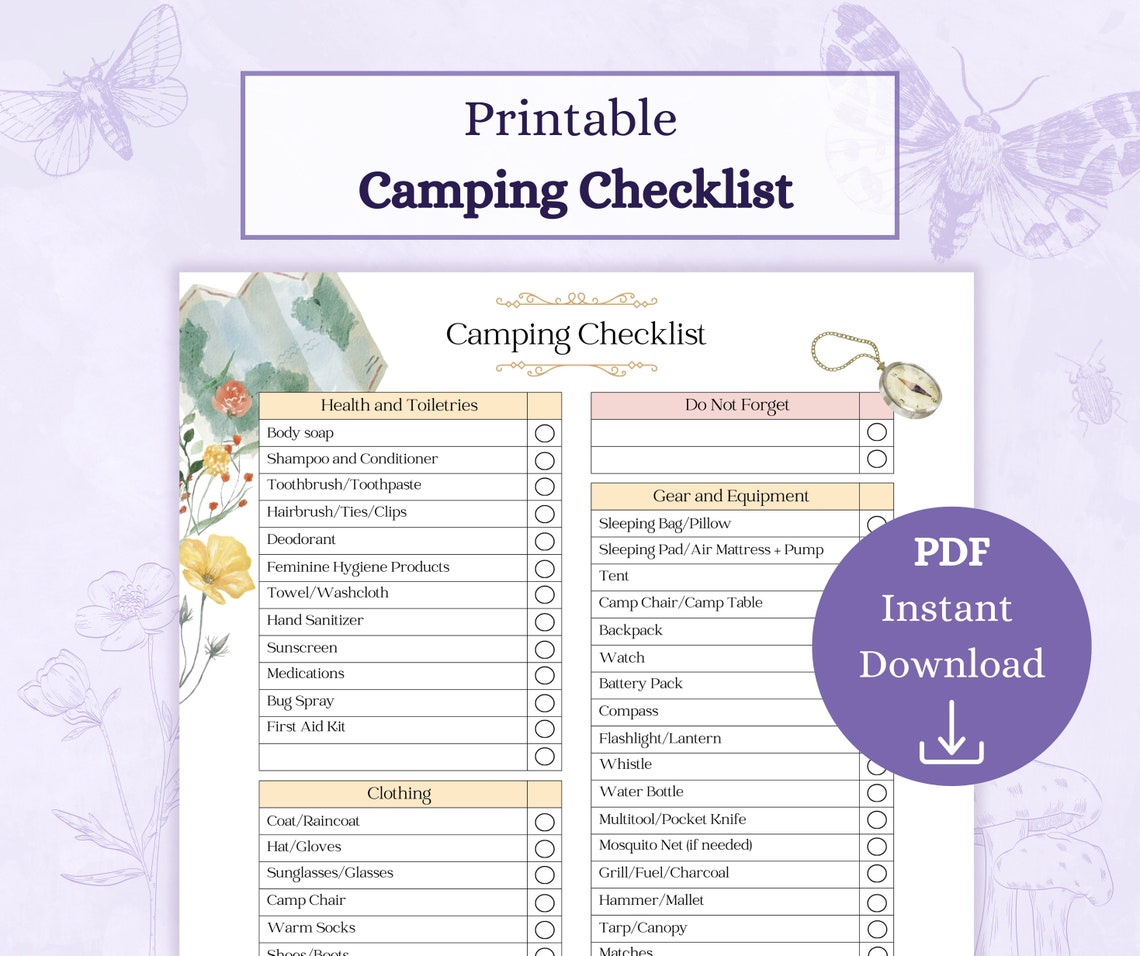Camping Checklist Printable PDF | Travel Packing List | Camp Packing ...