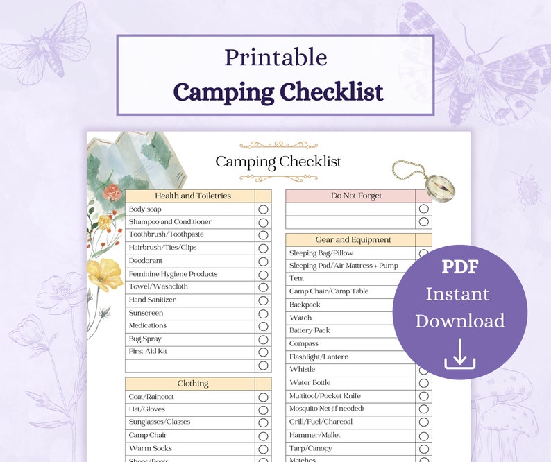 Camping Checklist Printable PDF | Travel Packing List | Camp Packing ...