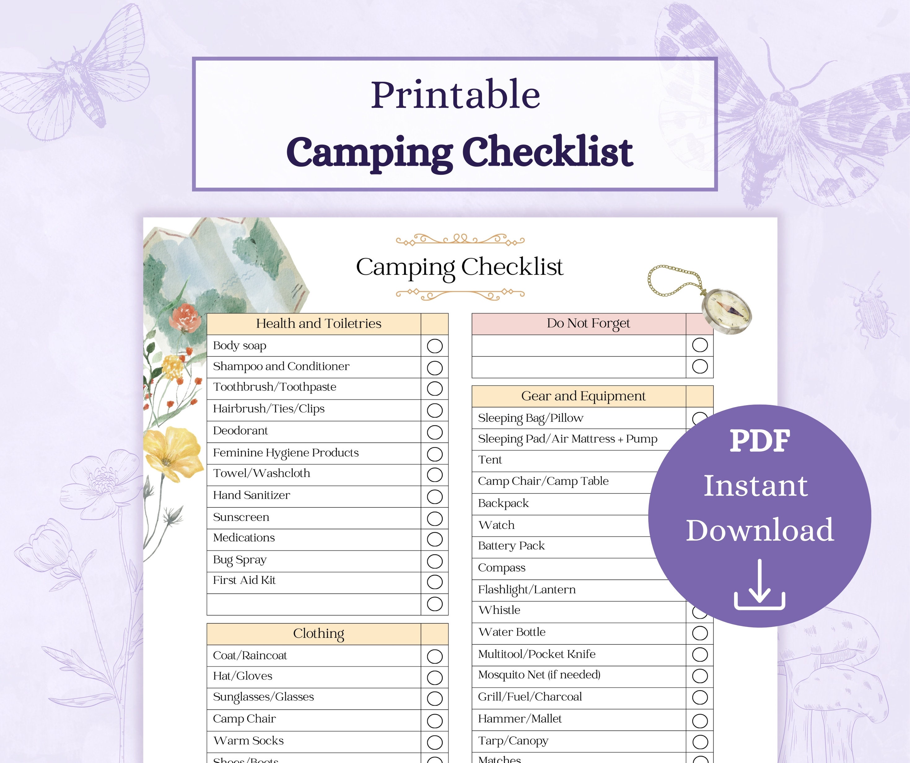 Camping Checklist Printable PDF | Travel Packing List | Camp Packing ...