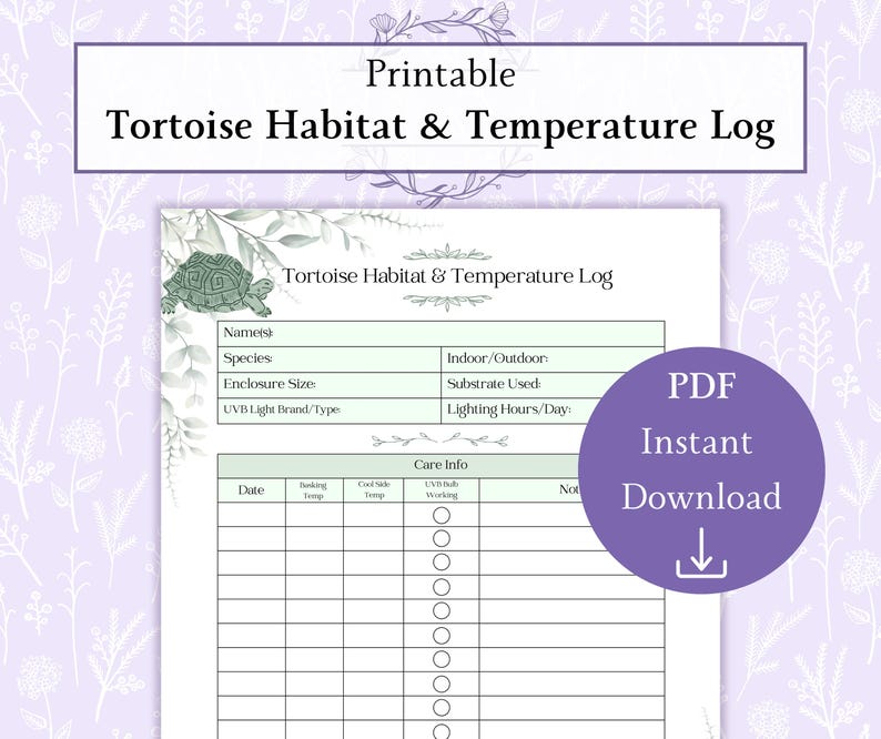 Tortoise Habitat & Temperature Log Printable PDF | Reptile Temp Tracker ...