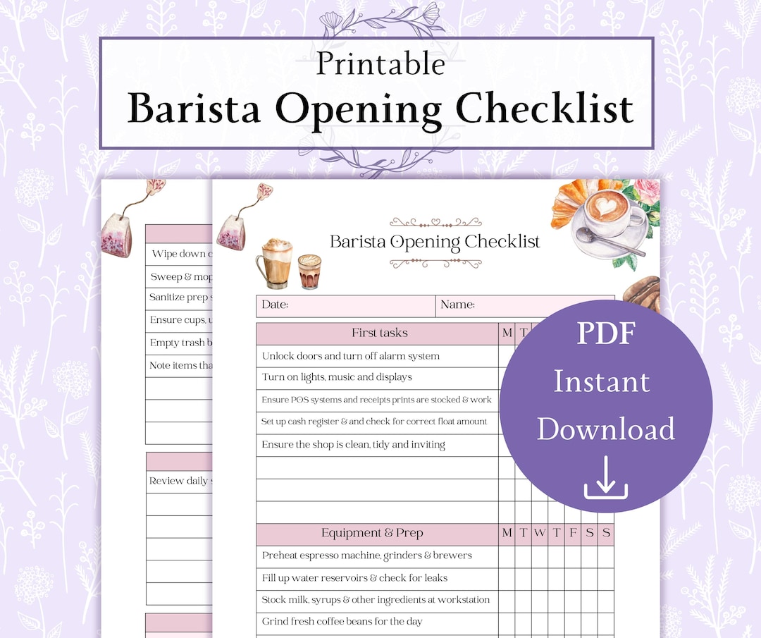 Barista Opening Checklist Printable PDF | Cafe Checklist | Server ...
