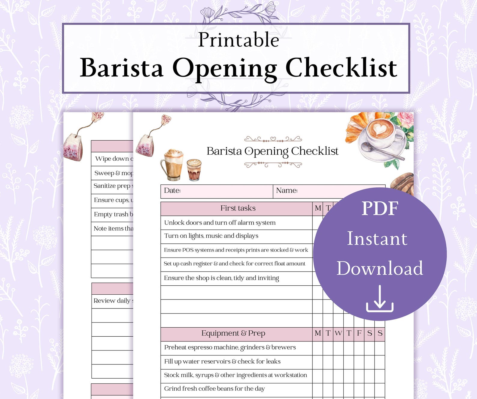 Barista Opening Checklist Printable PDF | Cafe Checklist | Server ...