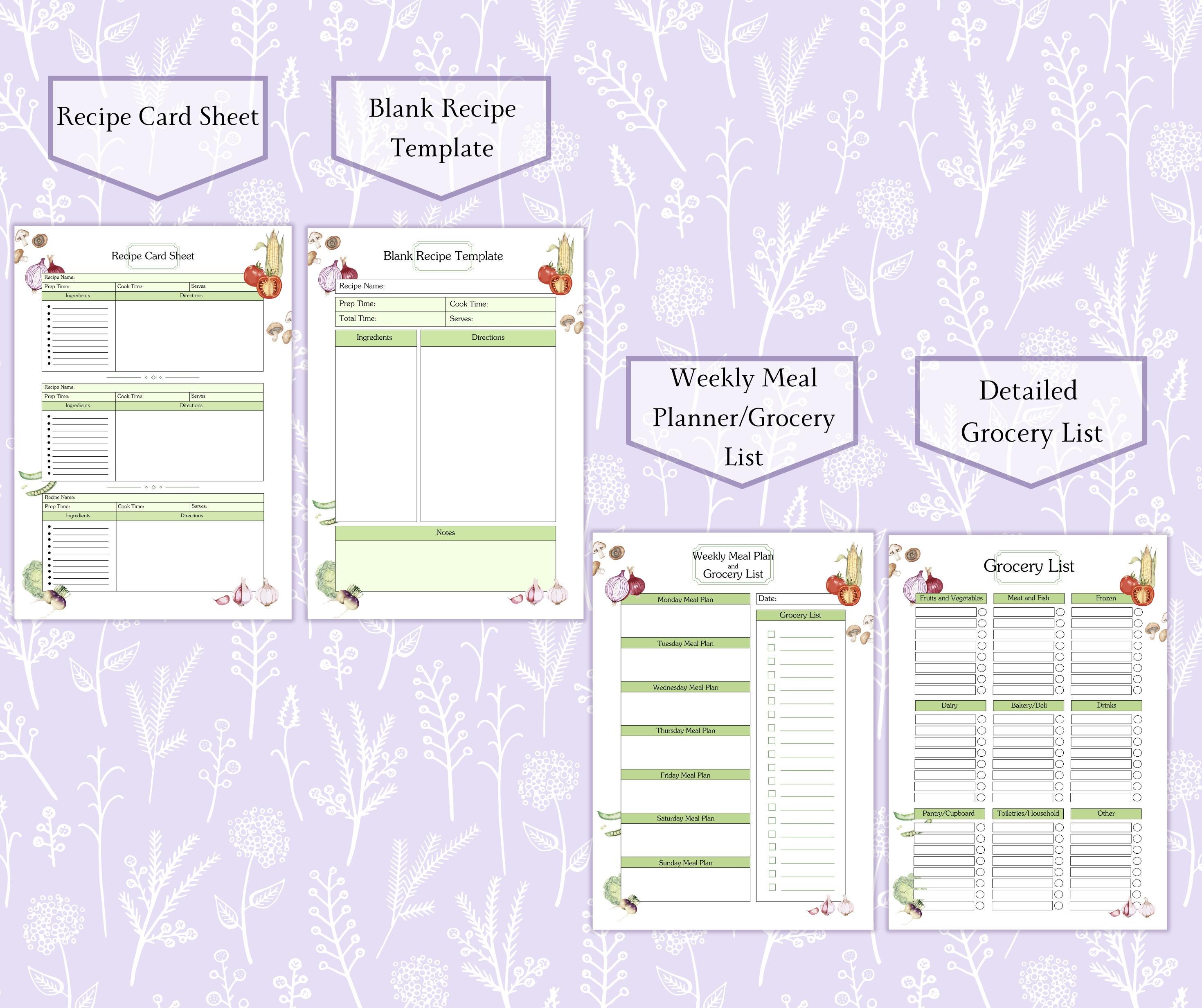 Meal Prep and Recipe Template Bundle Printable PDF | Grocery List ...