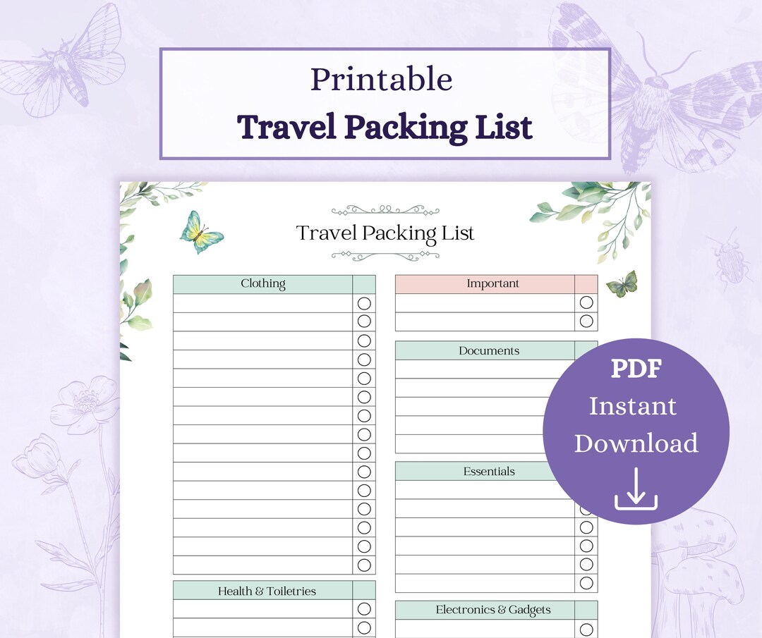 Travel Packing List Printable PDF | Packing Checklist | Travel ...