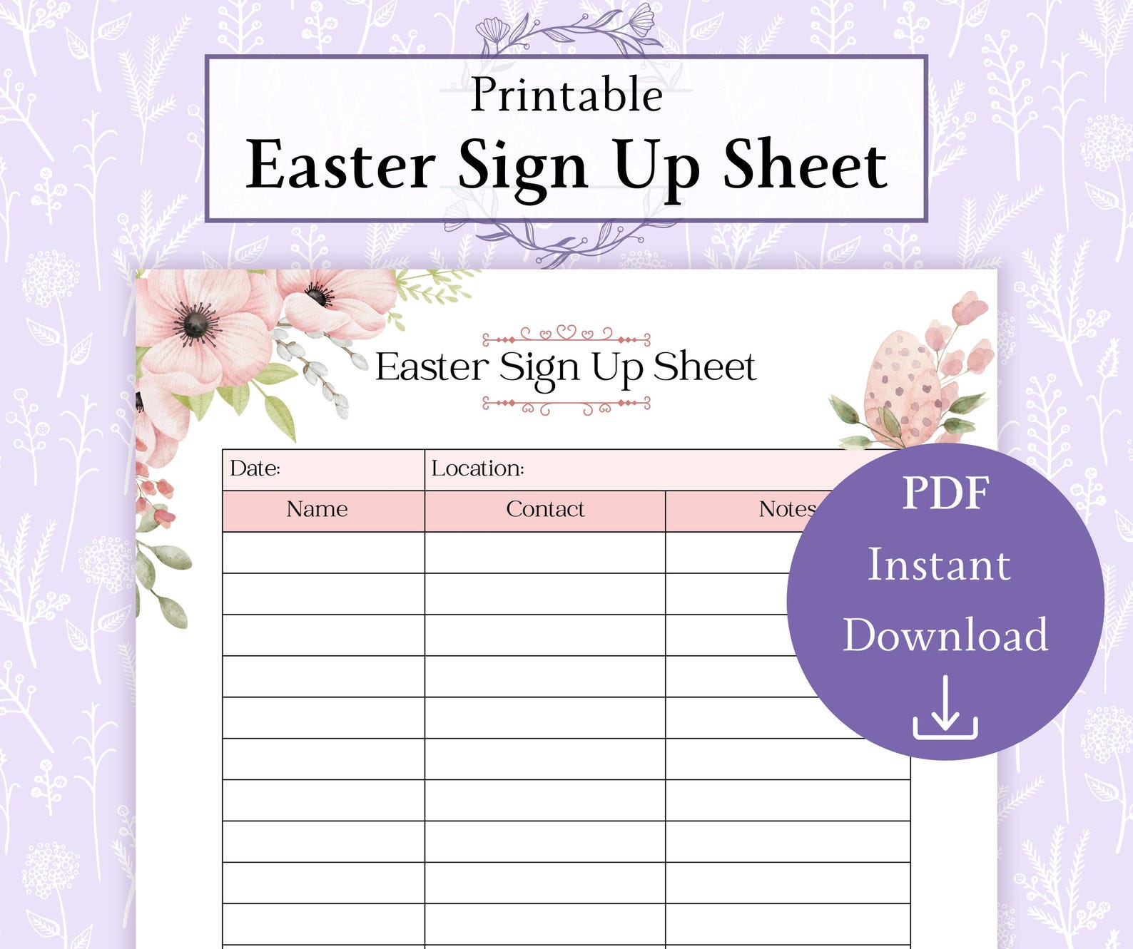 Easter Sign up Sheet Printable PDF | Religious Holiday Party | Contact ...