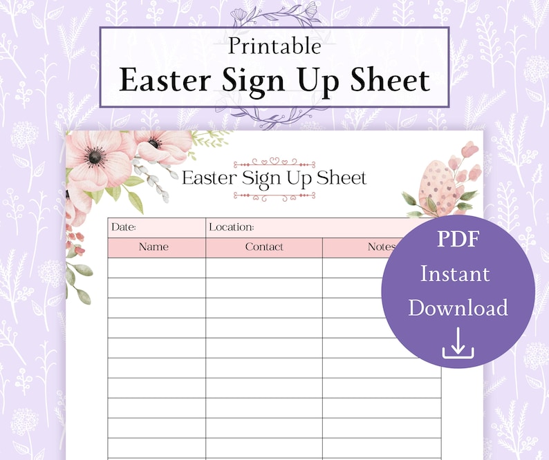 Easter Sign up Sheet Printable PDF | Religious Holiday Party | Contact ...