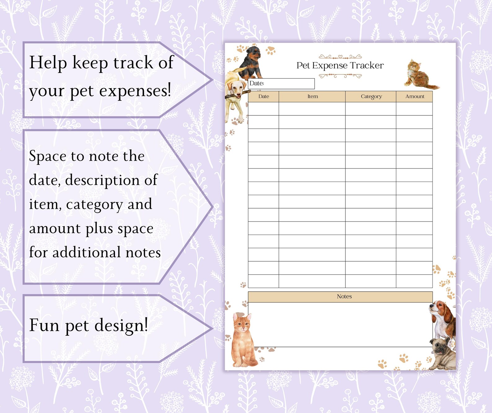 Pet Expense Tracker Printable PDF | Pet Care Log | Pet Budget Chart ...